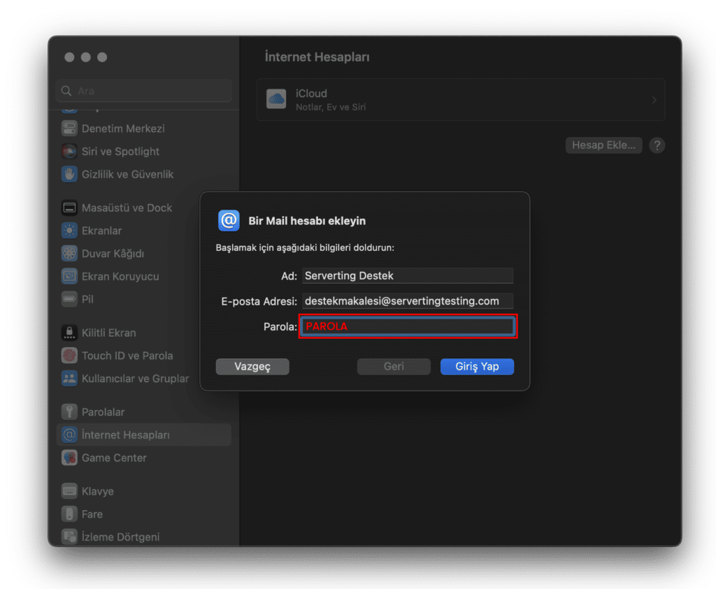 E-Posta Kurulumu: macOS Ventura - Serverting Premium Hosting